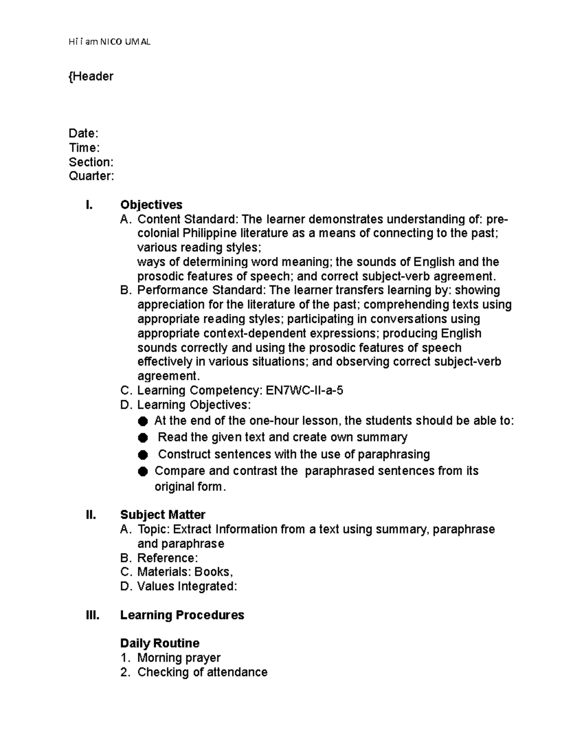 6As Lesson Plan Format for EN7WC-II - Engaging Activities & Objectives ...