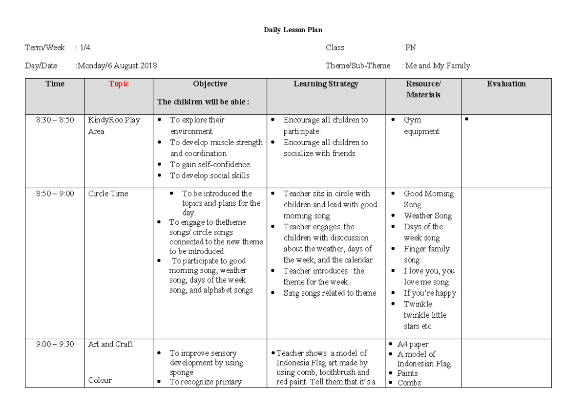 Daily Lesson Plan: PN Class - Week 4, Term 1 (Aug 2018) - Studocu