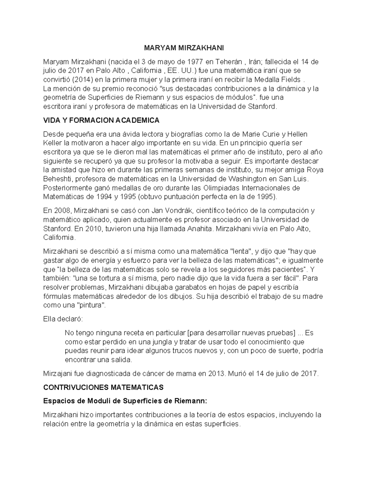 Biografía de Maryam Mirzakhani: La Primera Mujer en la Medalla Fields - Studocu