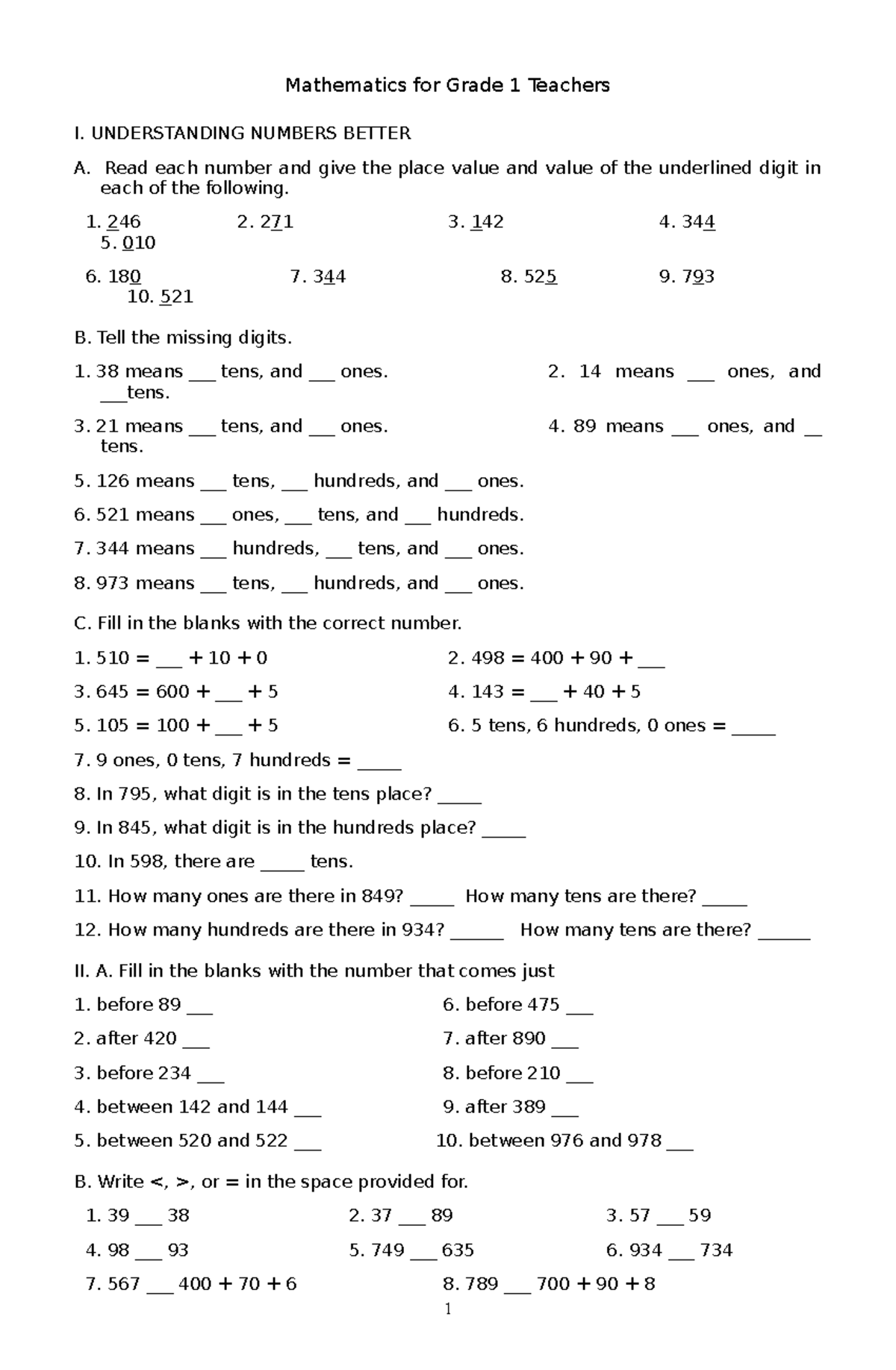 Mathematics for Grade 1 Teachers - Mathematics for Grade 1 Teachers I ...