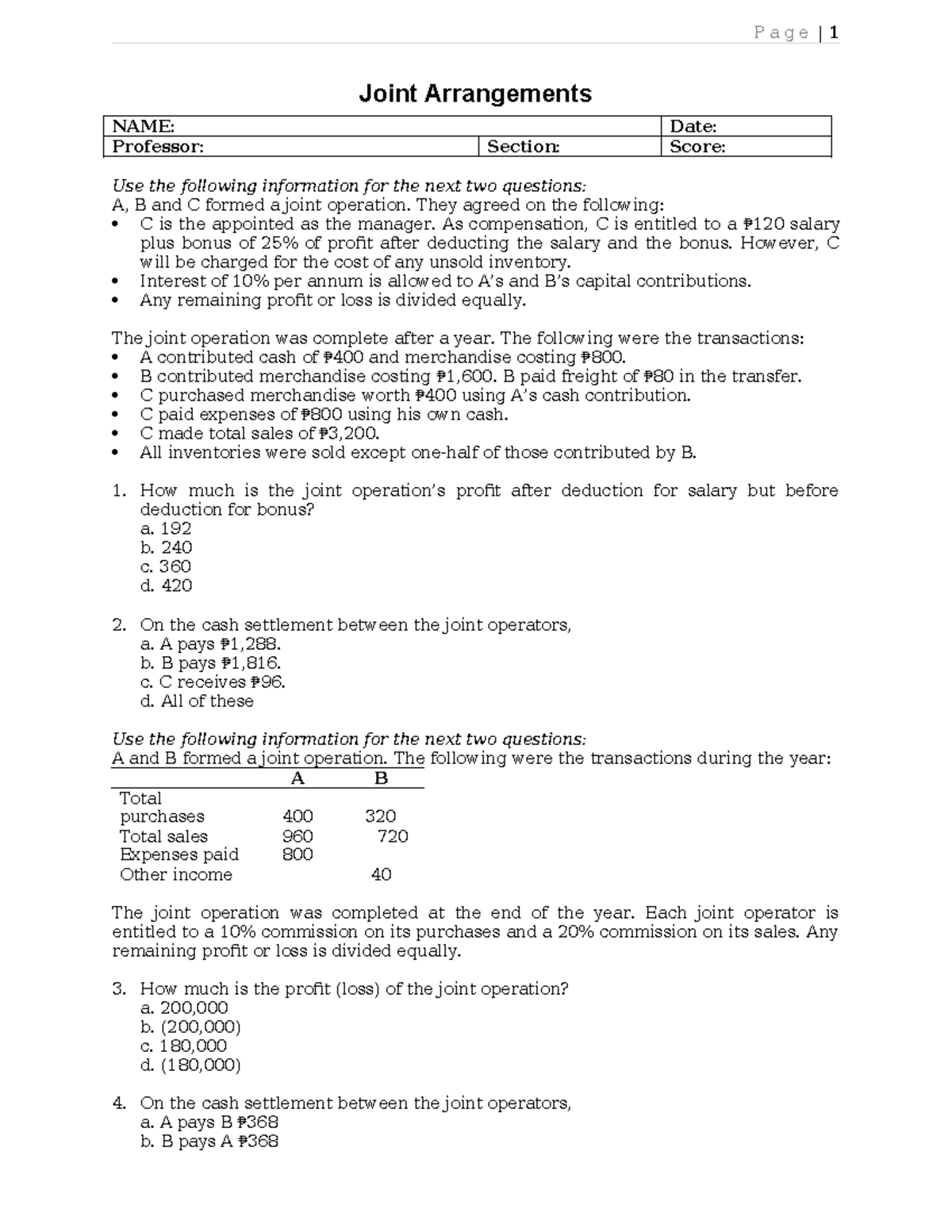 Joint Arrangements Practice Materials - Course Code: [Insert Code ...
