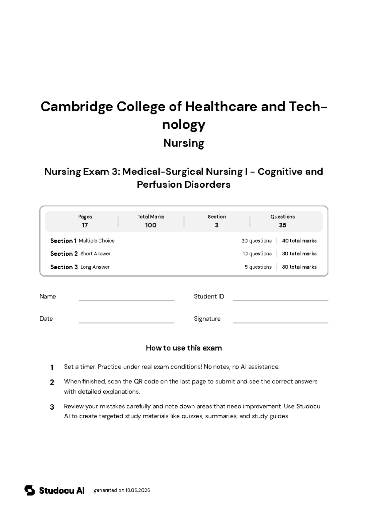 Nursing Exam 3: Medical-Surgical Nursing I - Cognitive Disorders - Studocu