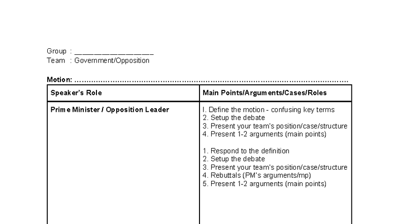 Debate Team Structure - Group : ____________________ Team : Government ...