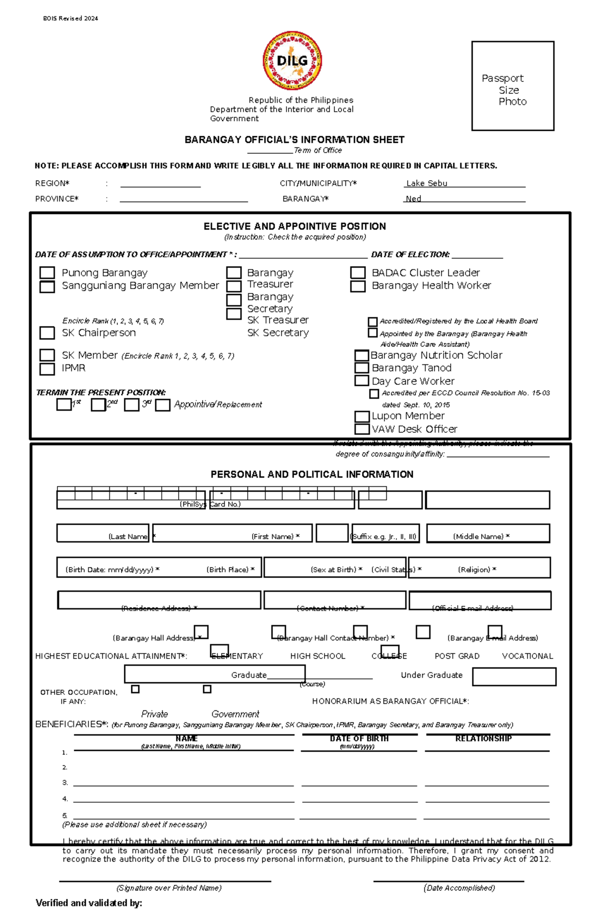 BOIS Form and Guide for Barangay Officials - 2024 - Studocu