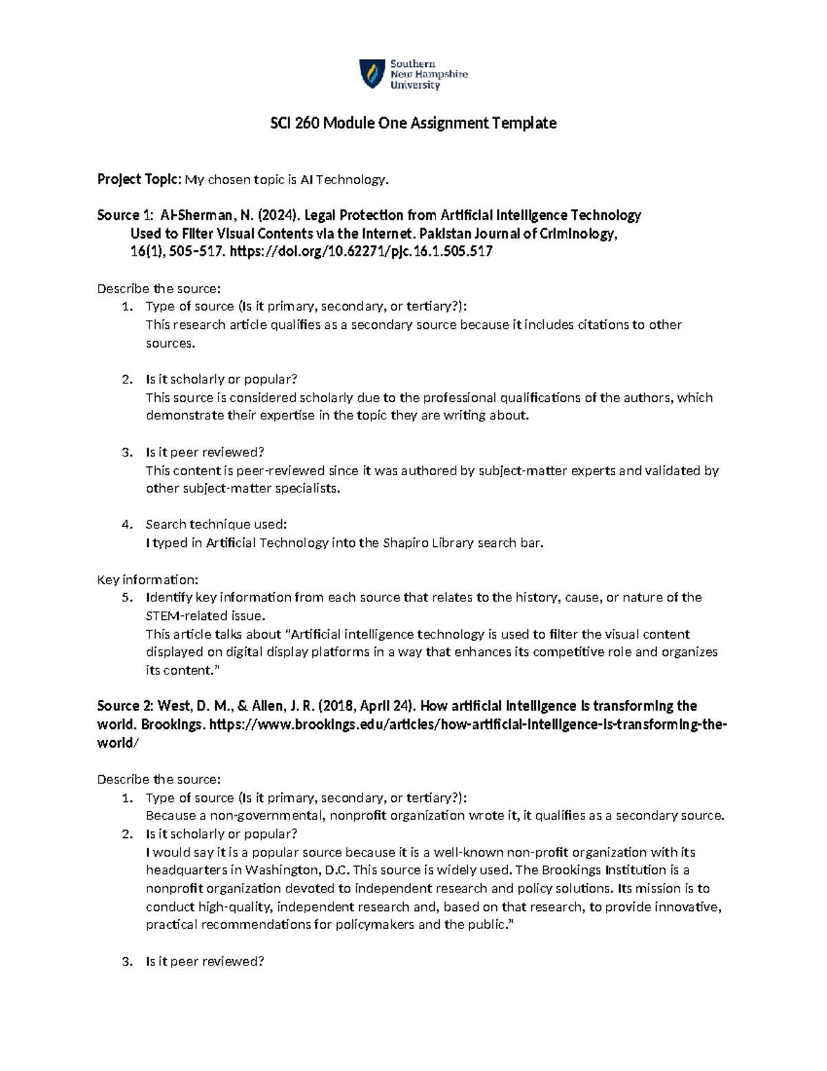 SCI 260 Module One Assignment: Exploring AI Technology Sources - Studocu