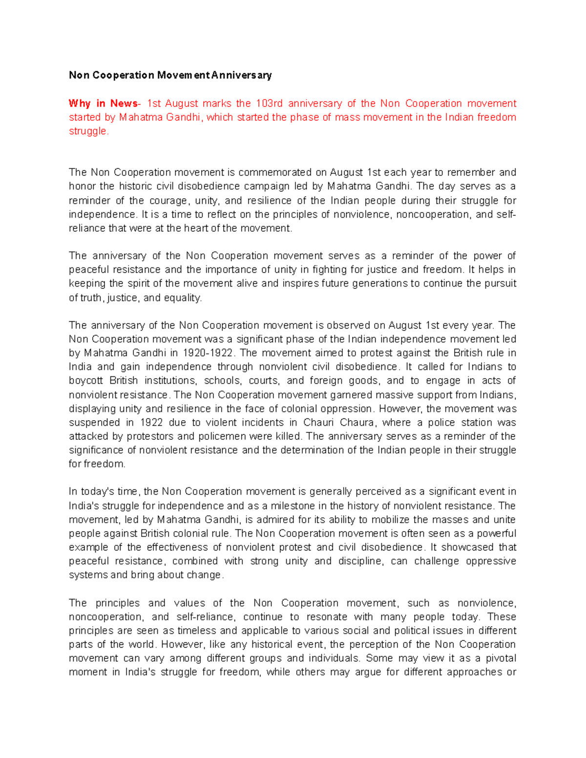 Non Cooperation movement - The Non Cooperation movement is commemorated ...