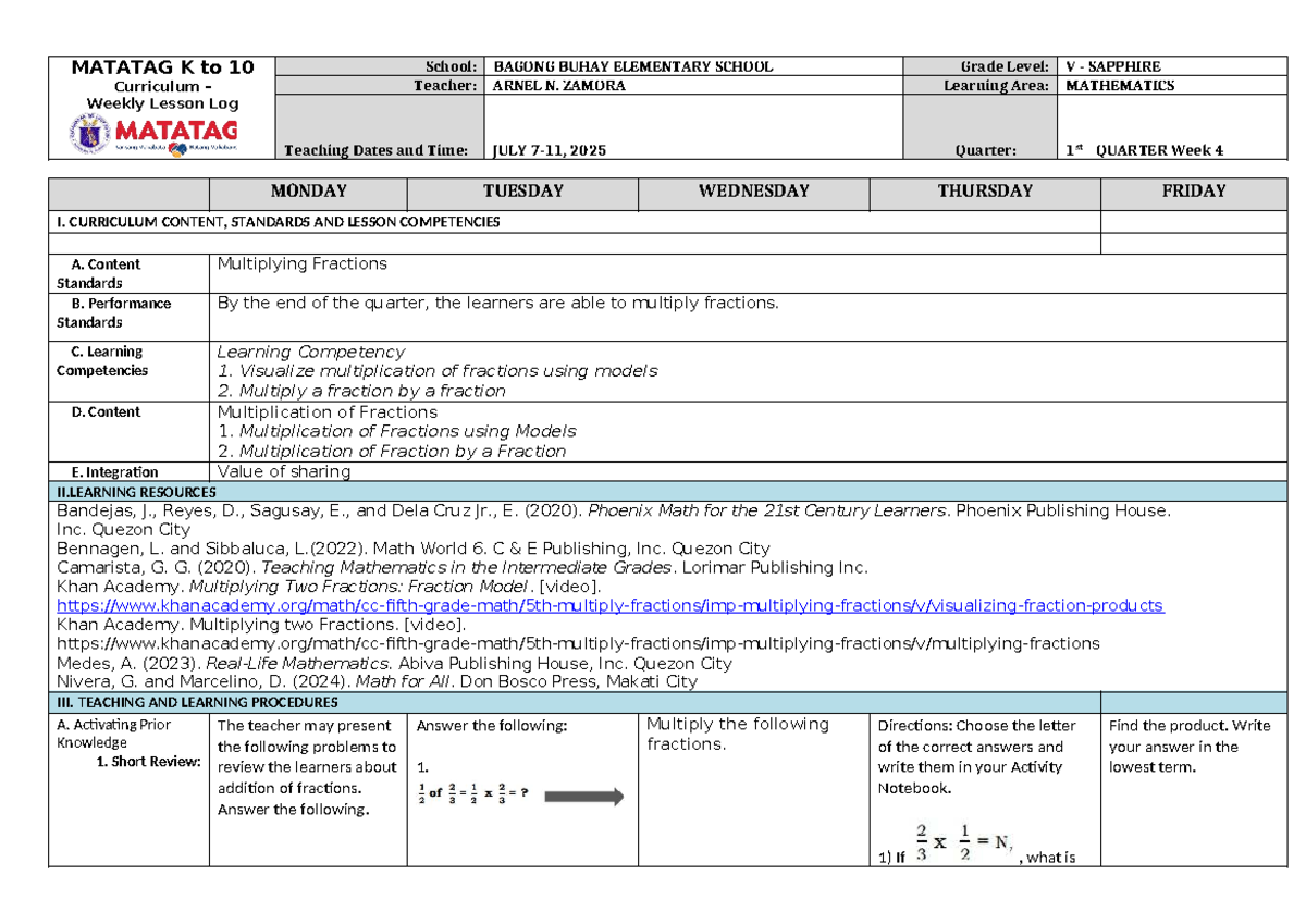 DLL Mathematics 5 Q1 W4: Multiplying Fractions Lesson Plan - Studocu