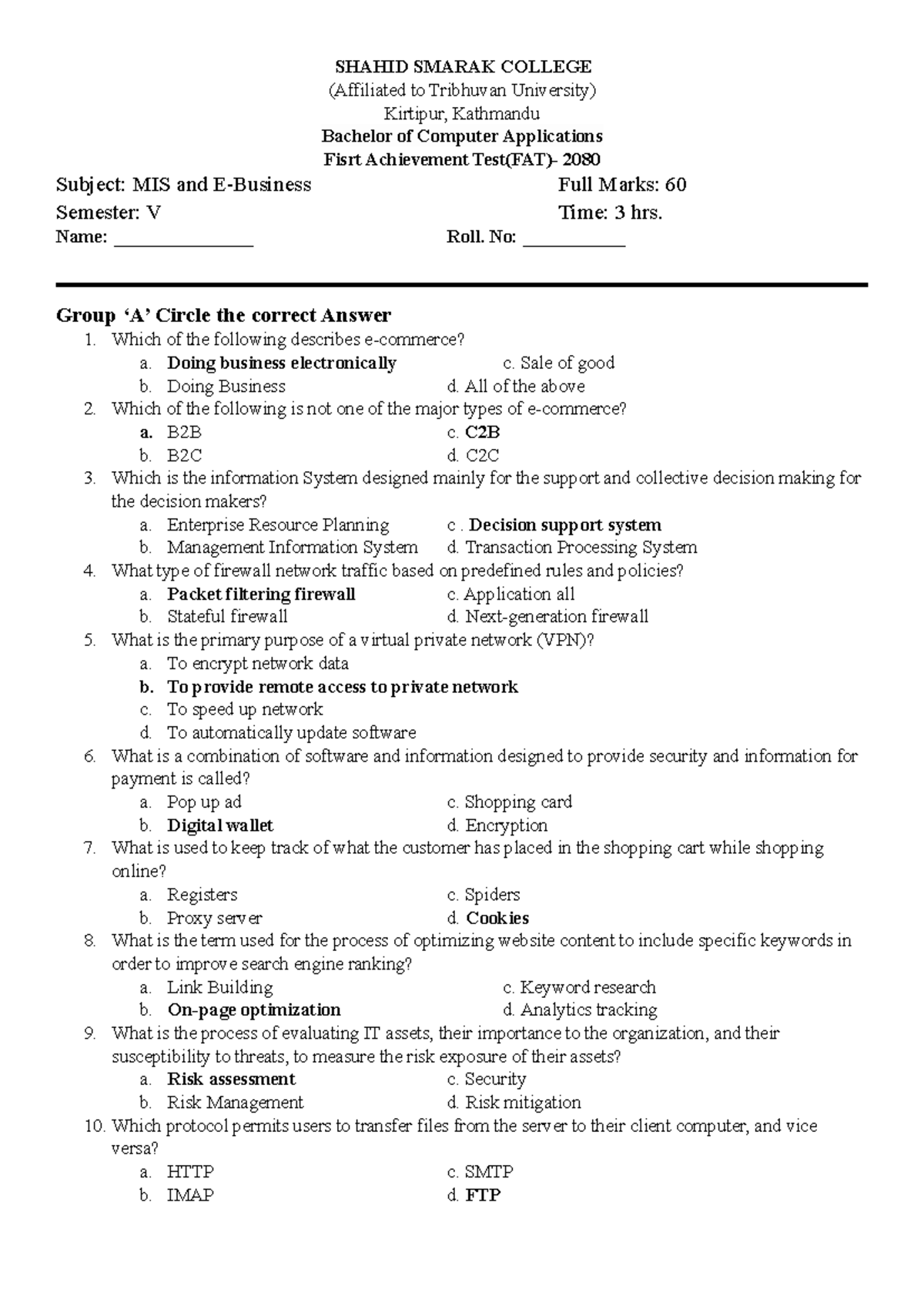 MIS FAT 2080 - MIS Internal Exam Questions. - SHAHID SMARAK COLLEGE ...