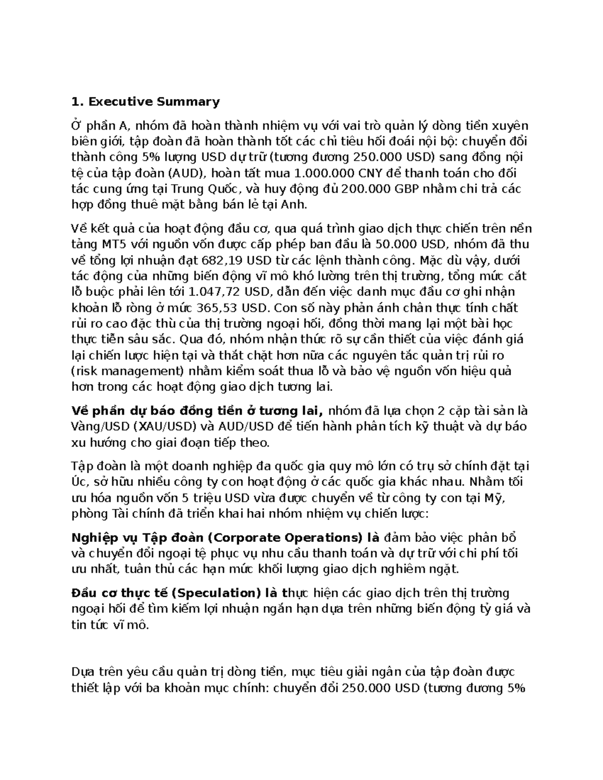 1 - Executive Summary: Quản Lý Dòng Tiền và Hoạt Động Đầu Cơ KDNH - Studocu