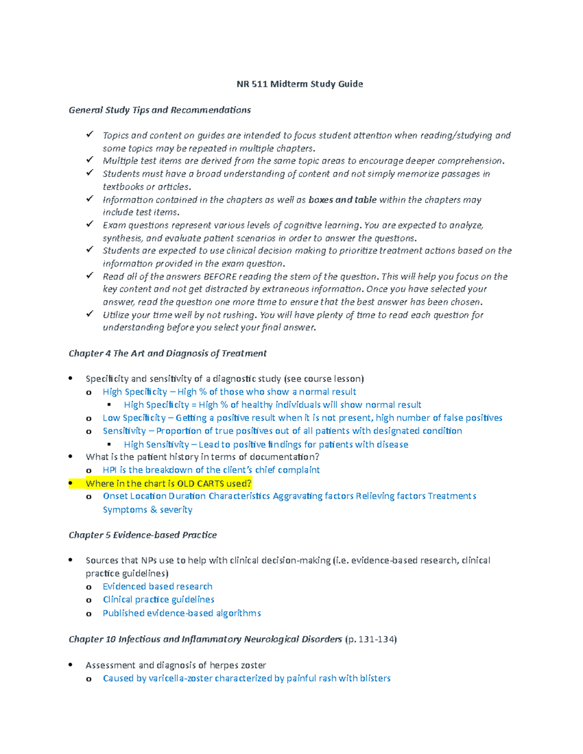 NR511 Midterm Exam SG - NR 511 Midterm Study Guide General Study Tips and Recommendations Topics ...