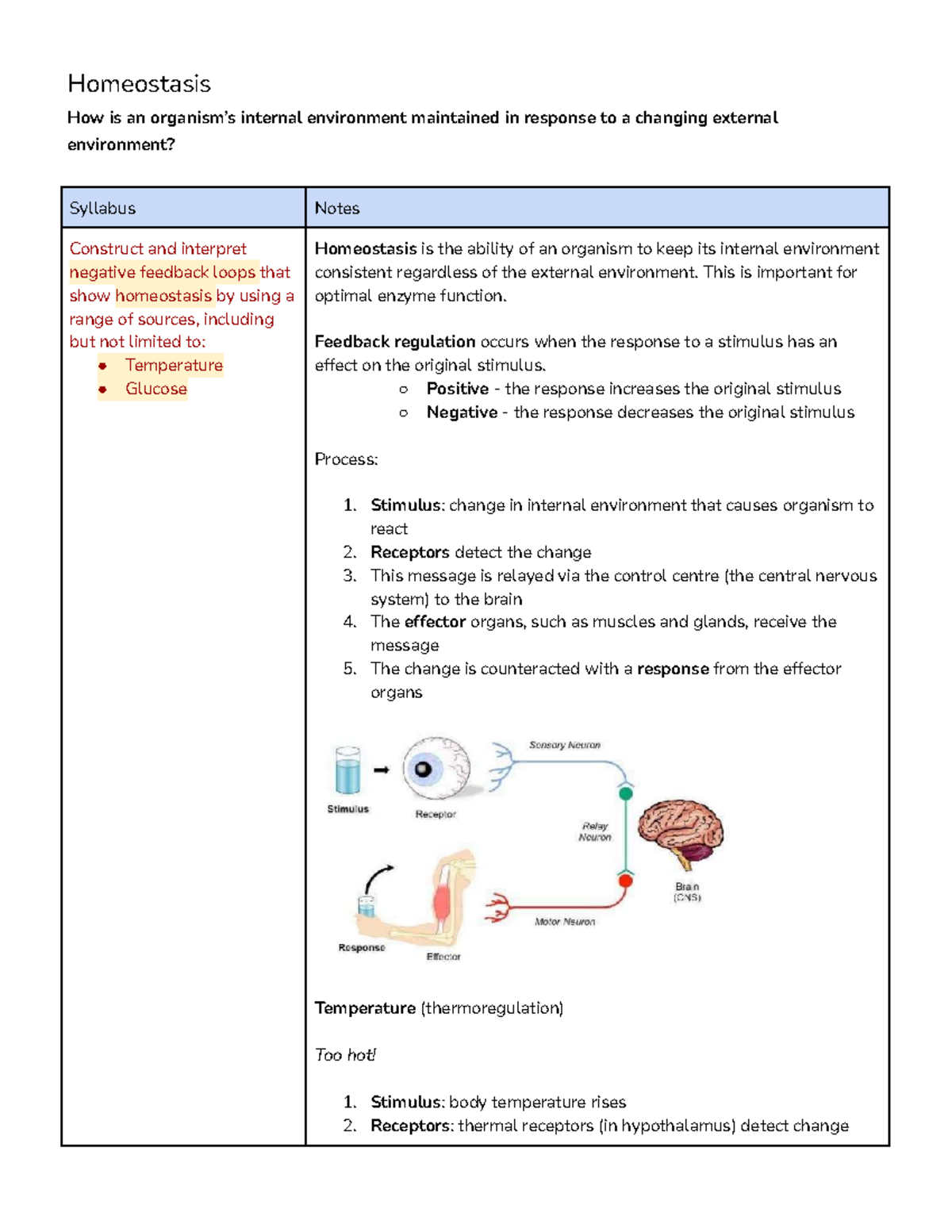 Biology 12: Homeostasis & Feedback Mechanisms Syllabus Notes - Studocu
