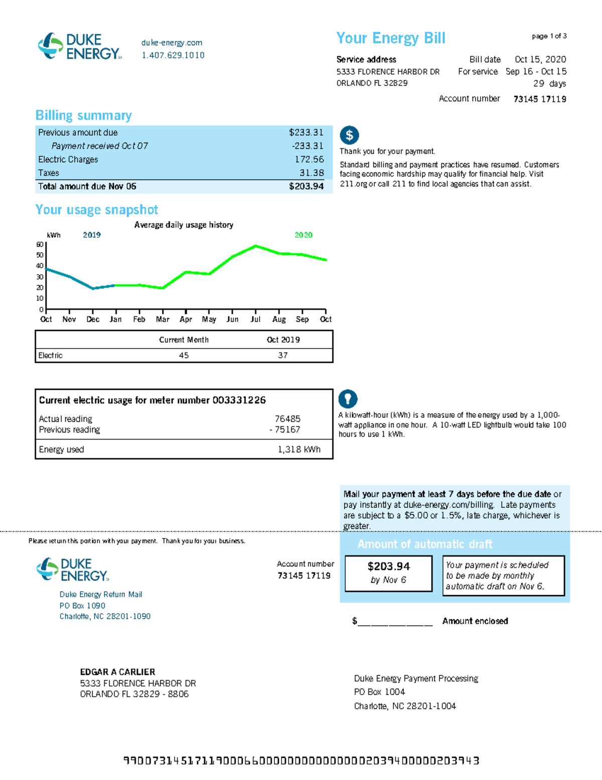 Duke Energy Bill Summary - Florida - Account 73145 17119 - Oct 2020 ...