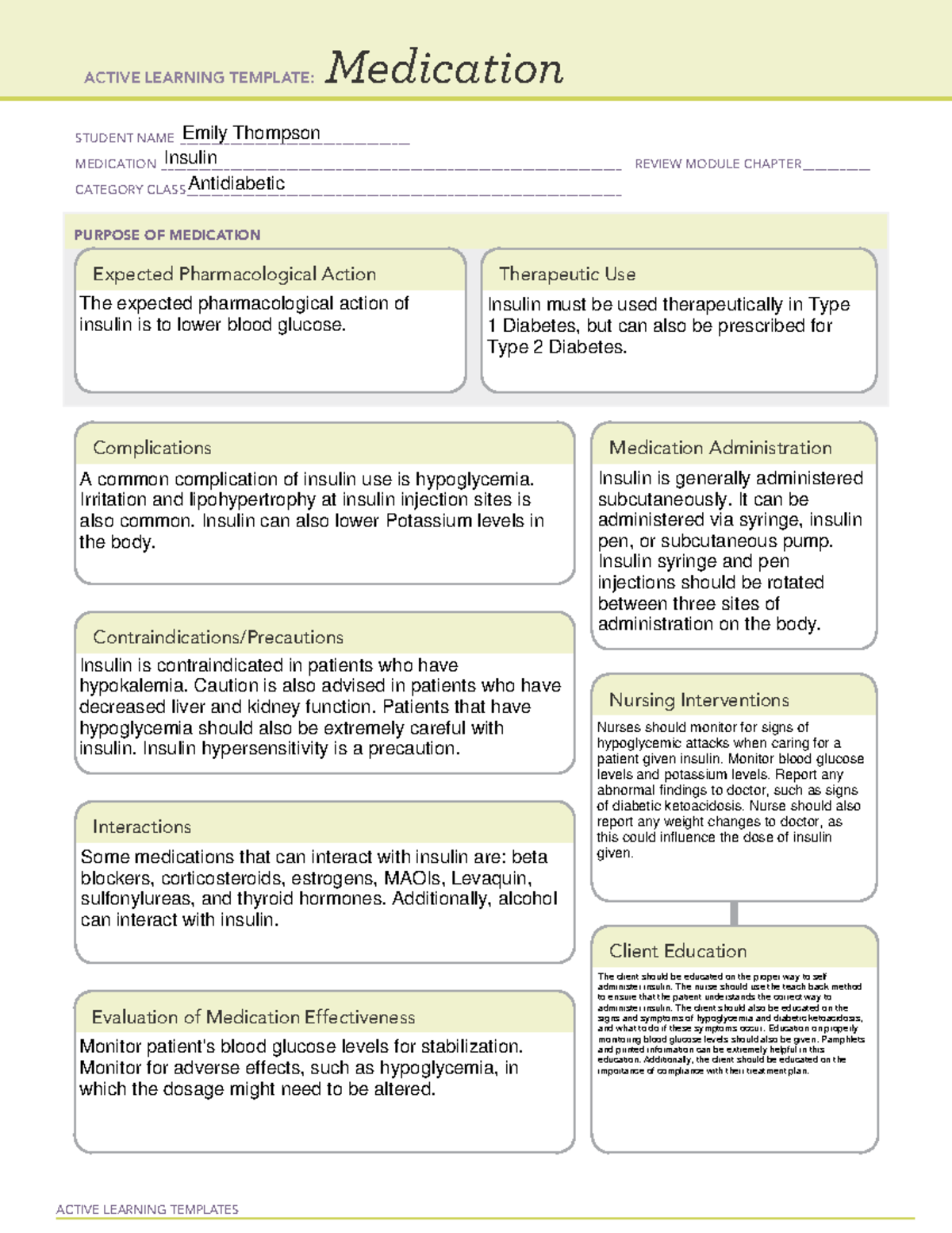 Medication Learning Template - Insulin (Active Learning) - Studocu