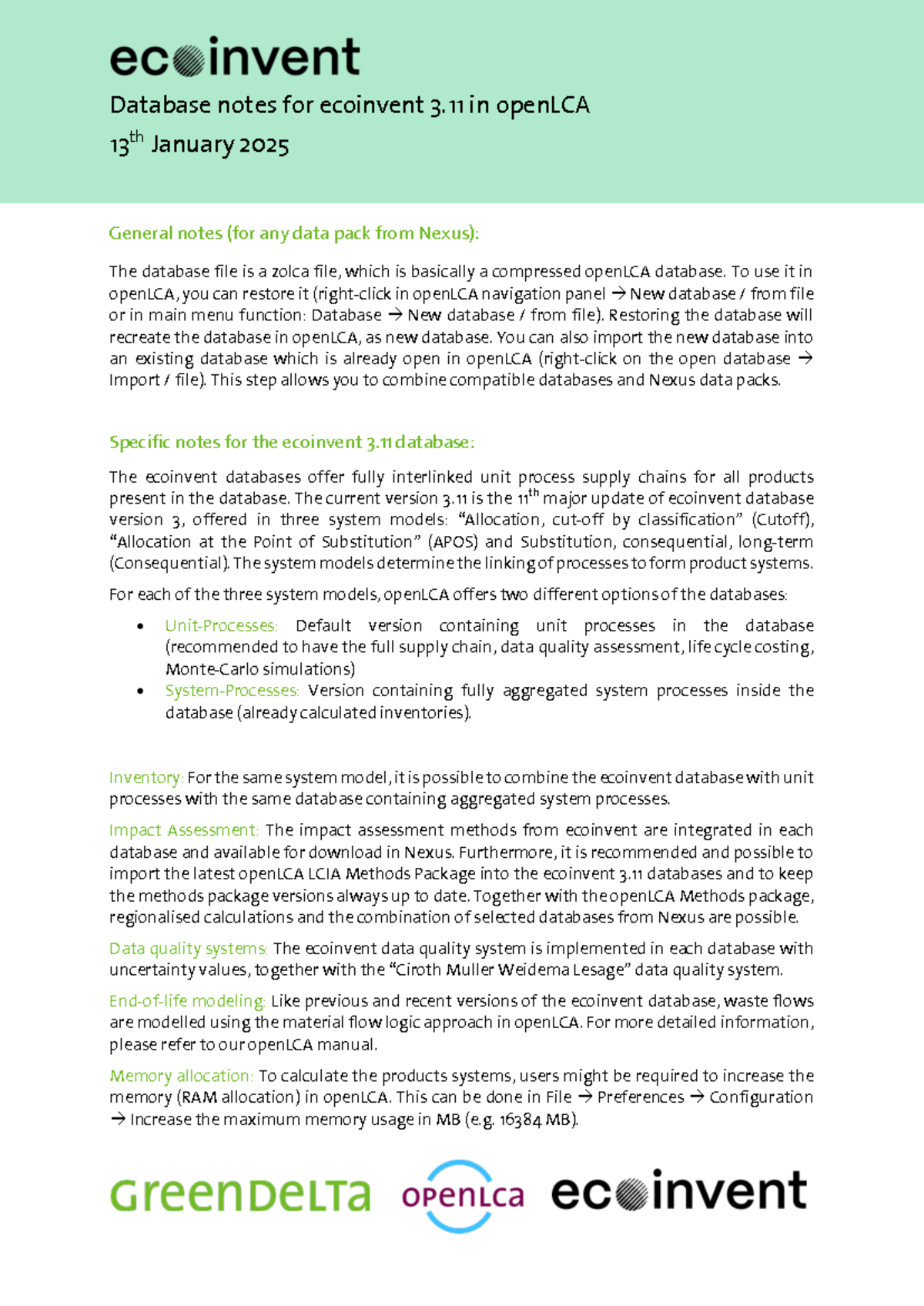 Ecoinvent 3.11 Database Notes for openLCA - General Overview - Studocu