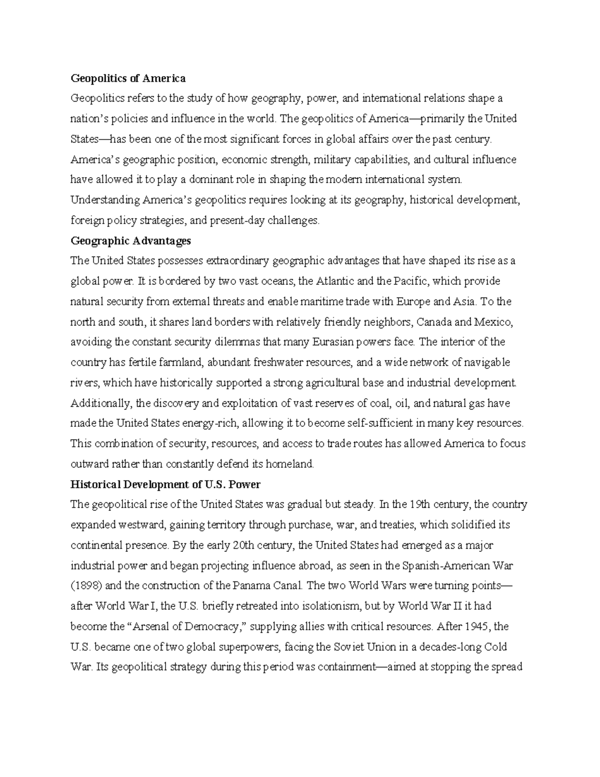 Geopolitics of America: Analyzing Power, Strategy, and Challenges - Studocu