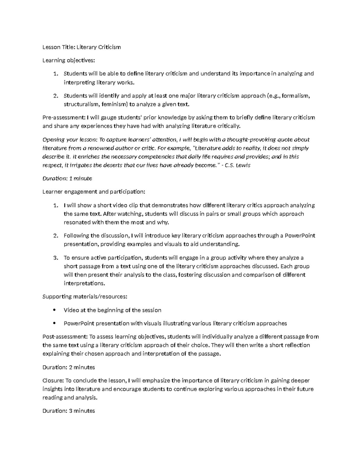 Lesson Plan - Literary Criticism Under RA 9255 - Studocu