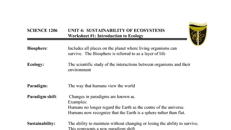 SCIENCE 1206 UNIT 4: ECOSYSTEM SUSTAINABILITY Worksheet - Studocu