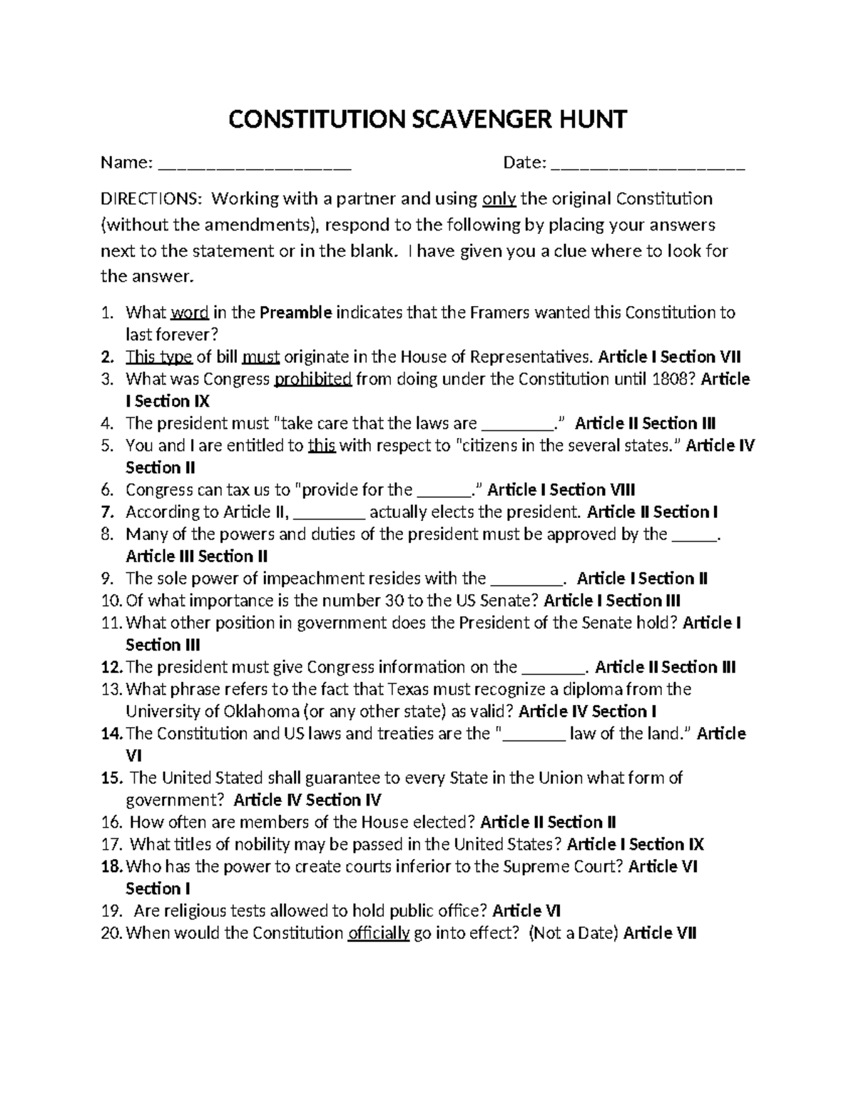 Constitution Scavenger HUNT- 2022 - CONSTITUTION SCAVENGER HUNT Name
