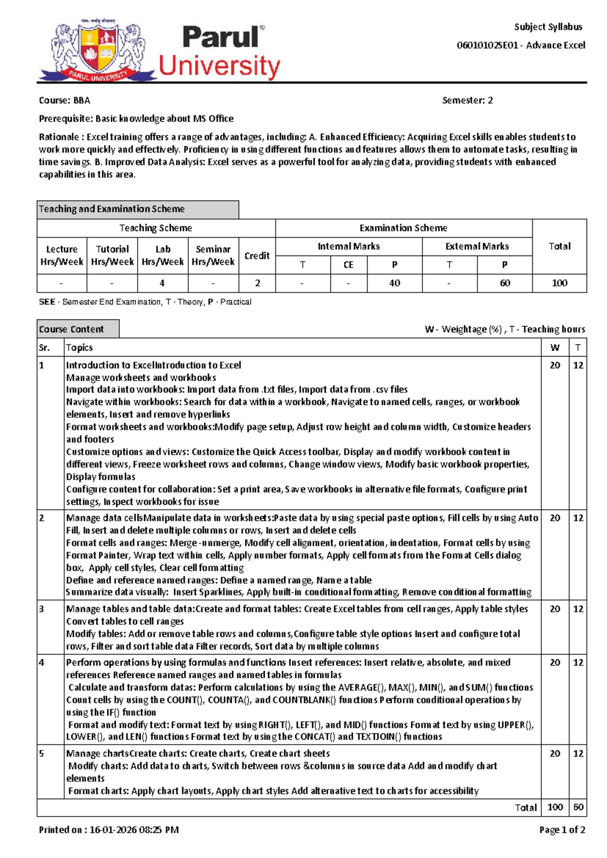 Adv Excel Course Syllabus BBA 06010102SE01 - Sem 2 - Studocu