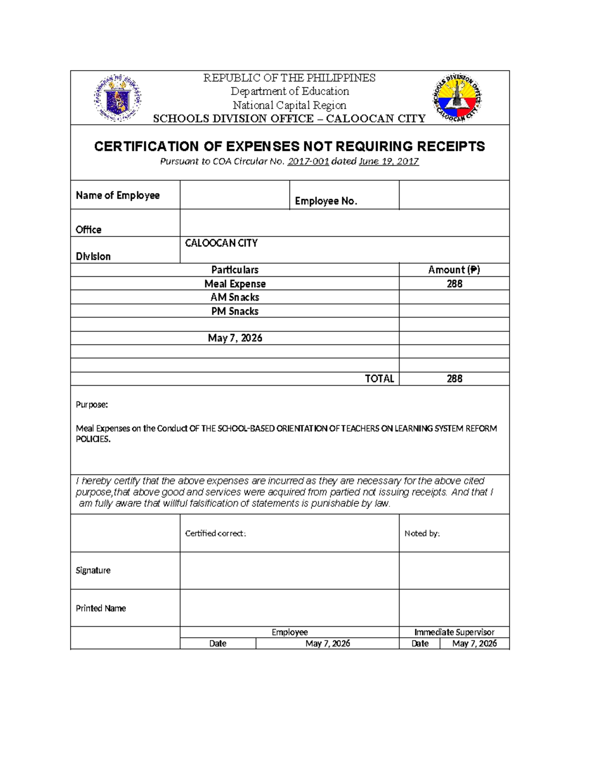 Certification of Expenses Not Requiring Receipts - COA Circular - Studocu