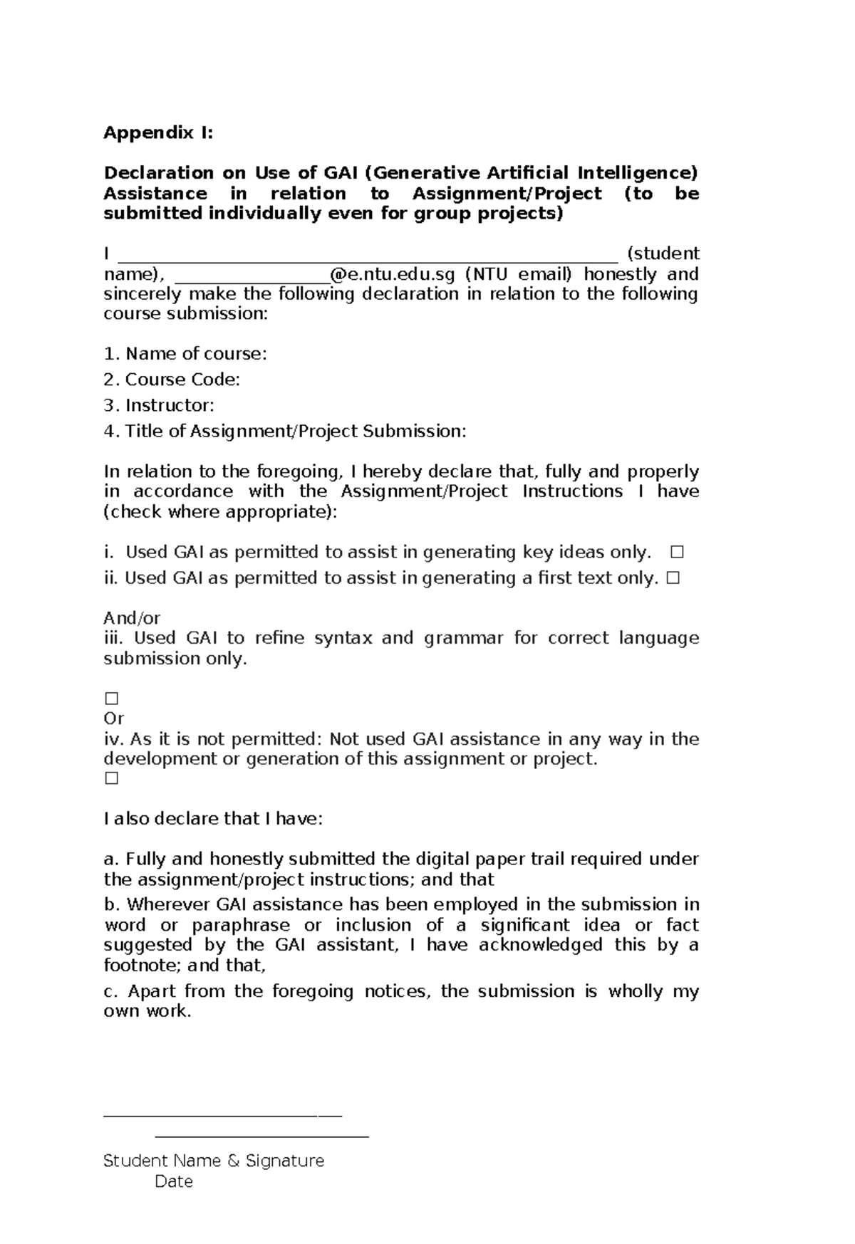 GAI Usage Declaration for Project Submission - NTU Guidelines - Studocu