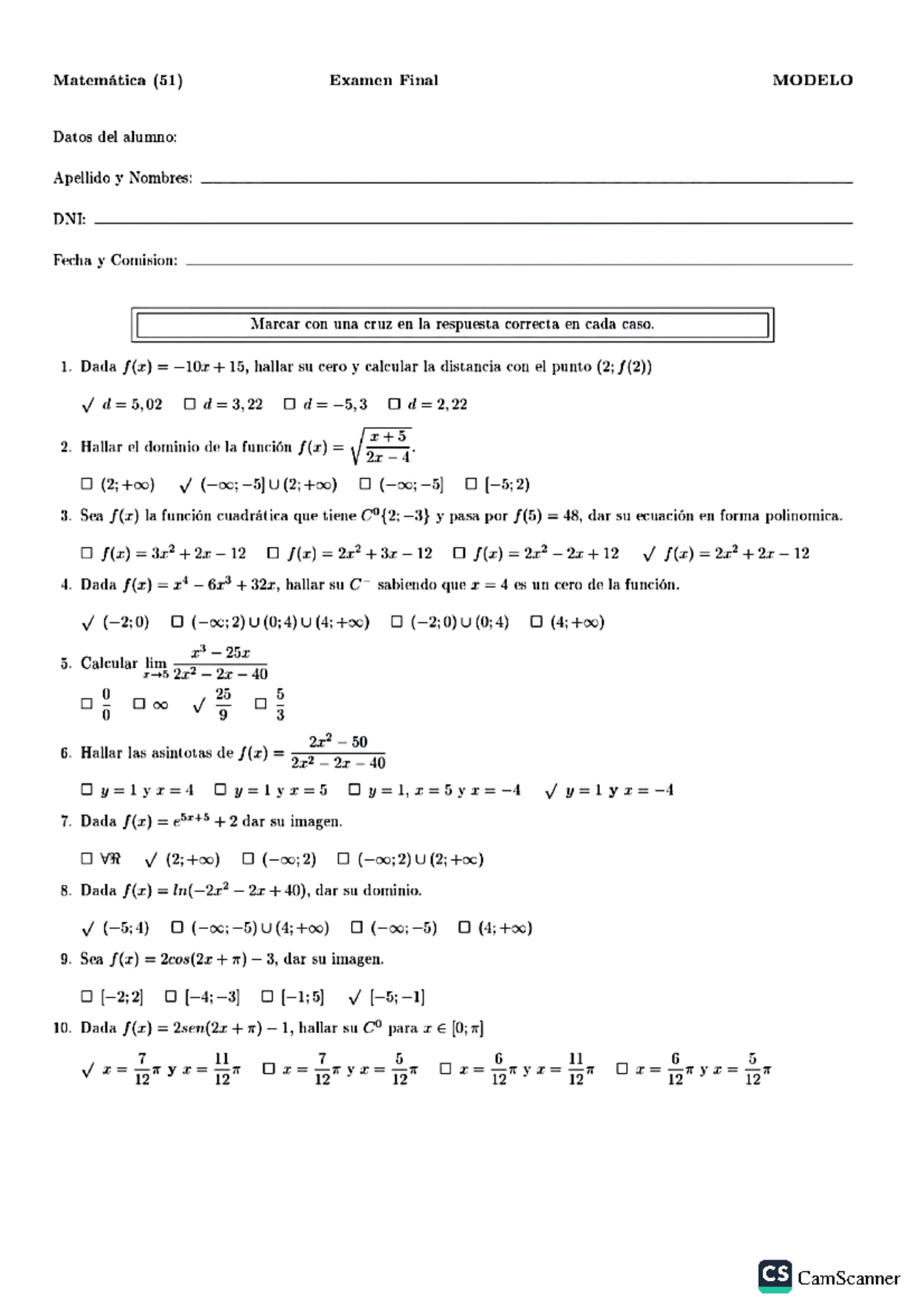 Final Examen Matemáticas (51): Modelo de Preguntas y Respuestas - Studocu