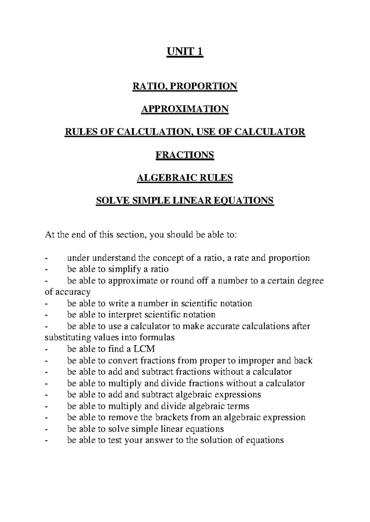 Unit 1: Ratios, Proportions, and Algebraic Calculations - Studocu