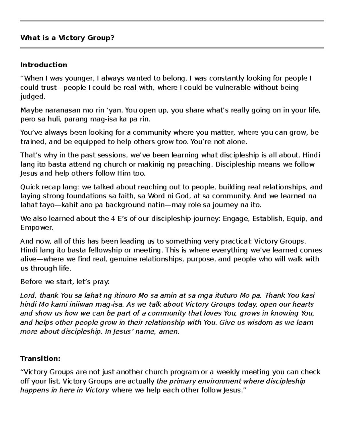 What is a Victory Group? Overview of Discipleship in Victory - Studocu