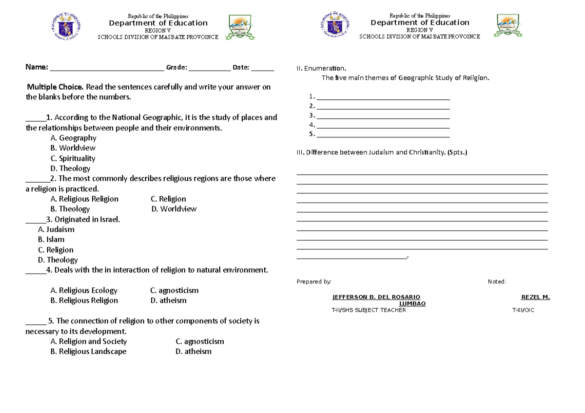 Summative Assessment Test in Intro to World Religions - 2 - Studocu