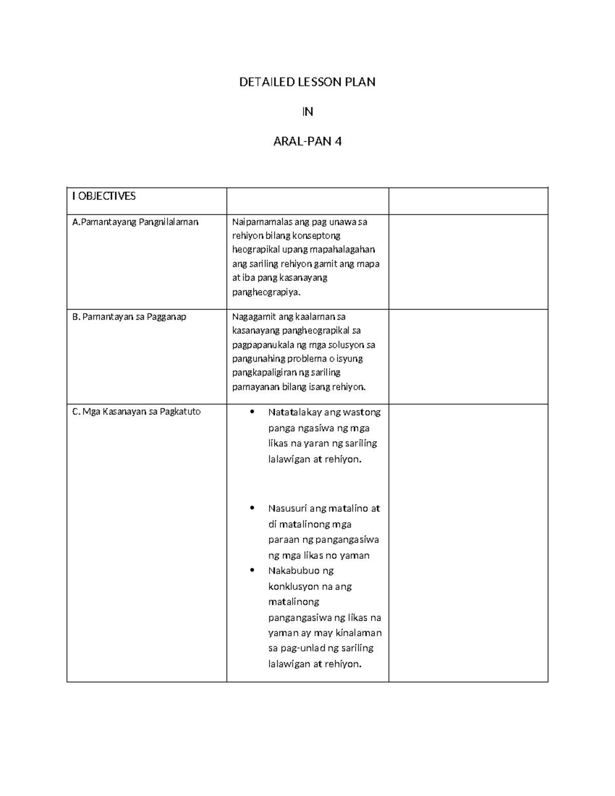 Aralin Panlipunan: Detalyadong Plano ng Aralin sa 4 I - Studocu