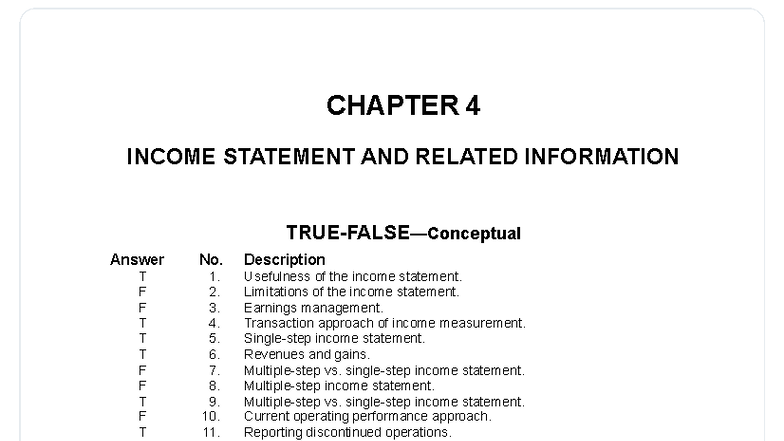 CHAPTER 4: INCOME STATEMENT & RELATED INFO - TEST BANK - Studocu