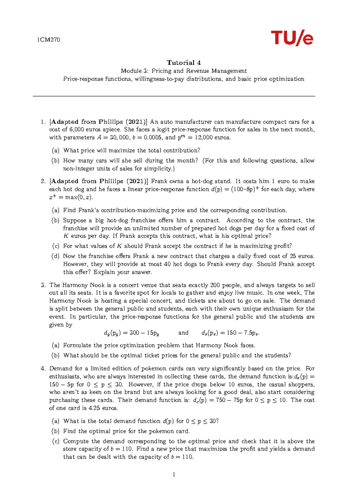 1CM270 Tutorial 4: Pricing & Revenue Management Exercises - Studeersnel