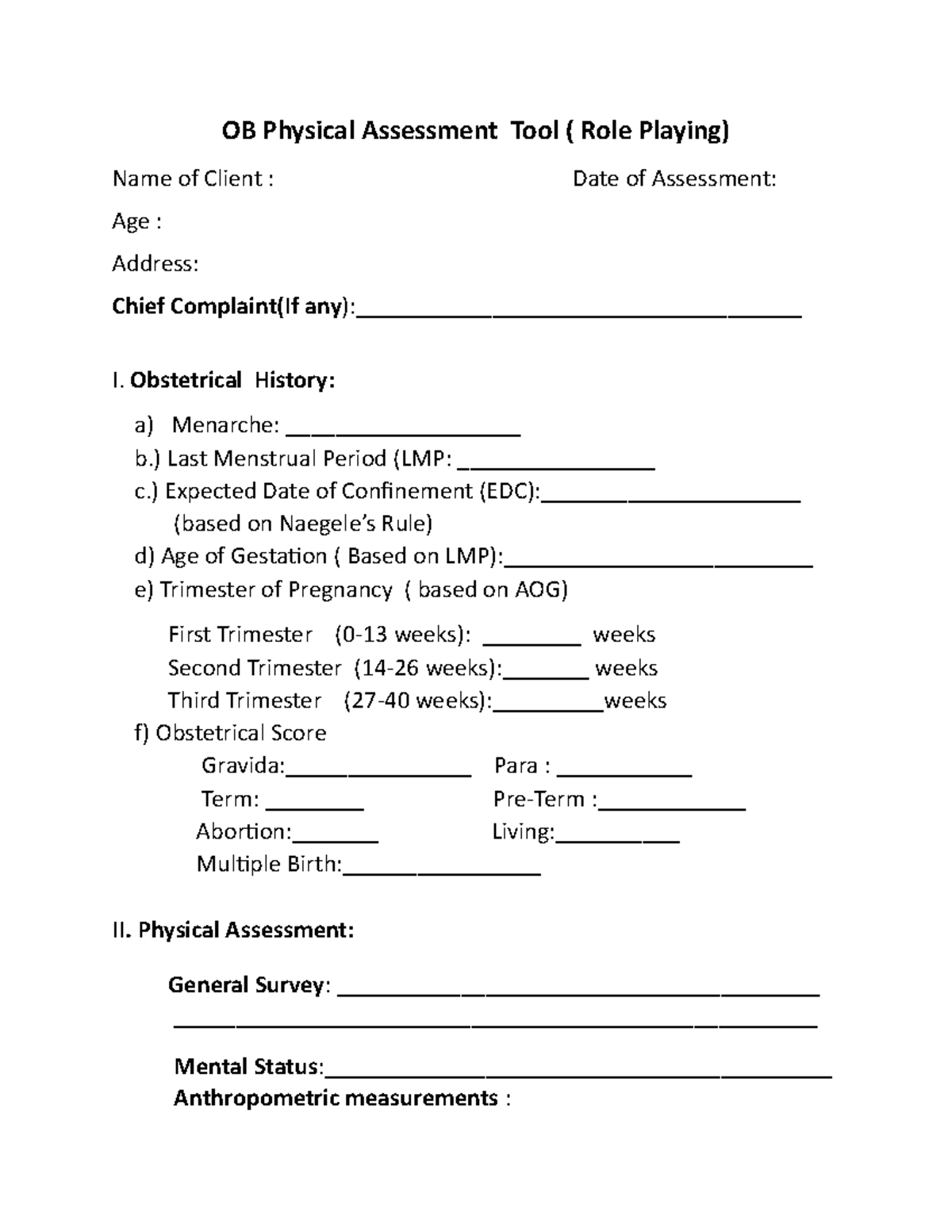 Final OB Health Assessment Tool for Role Playing-2 - OB Physical ...
