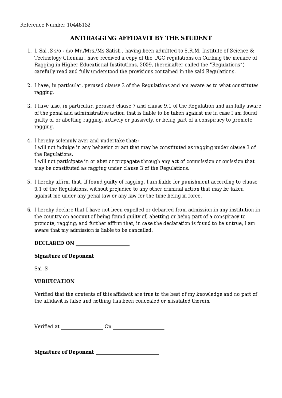 Antiragging Affidavit Form - S.R.M. Institute Compliance - Studocu