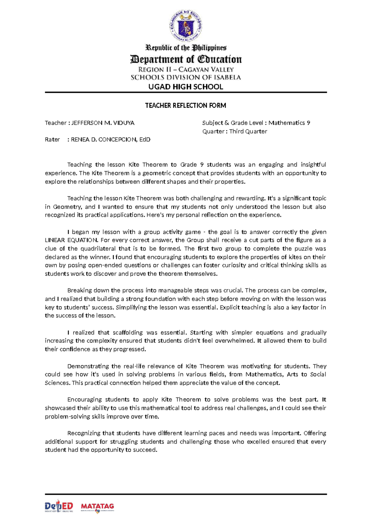 UGAD Math 9 Reflection: Teaching the Kite Theorem - Studocu