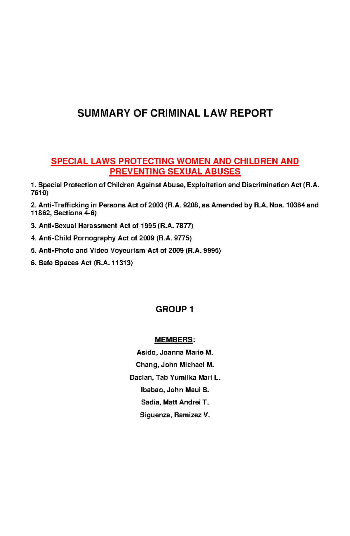 CRIM- Summary of R.A. 9775 & Related Special Laws on Abuse - Studocu
