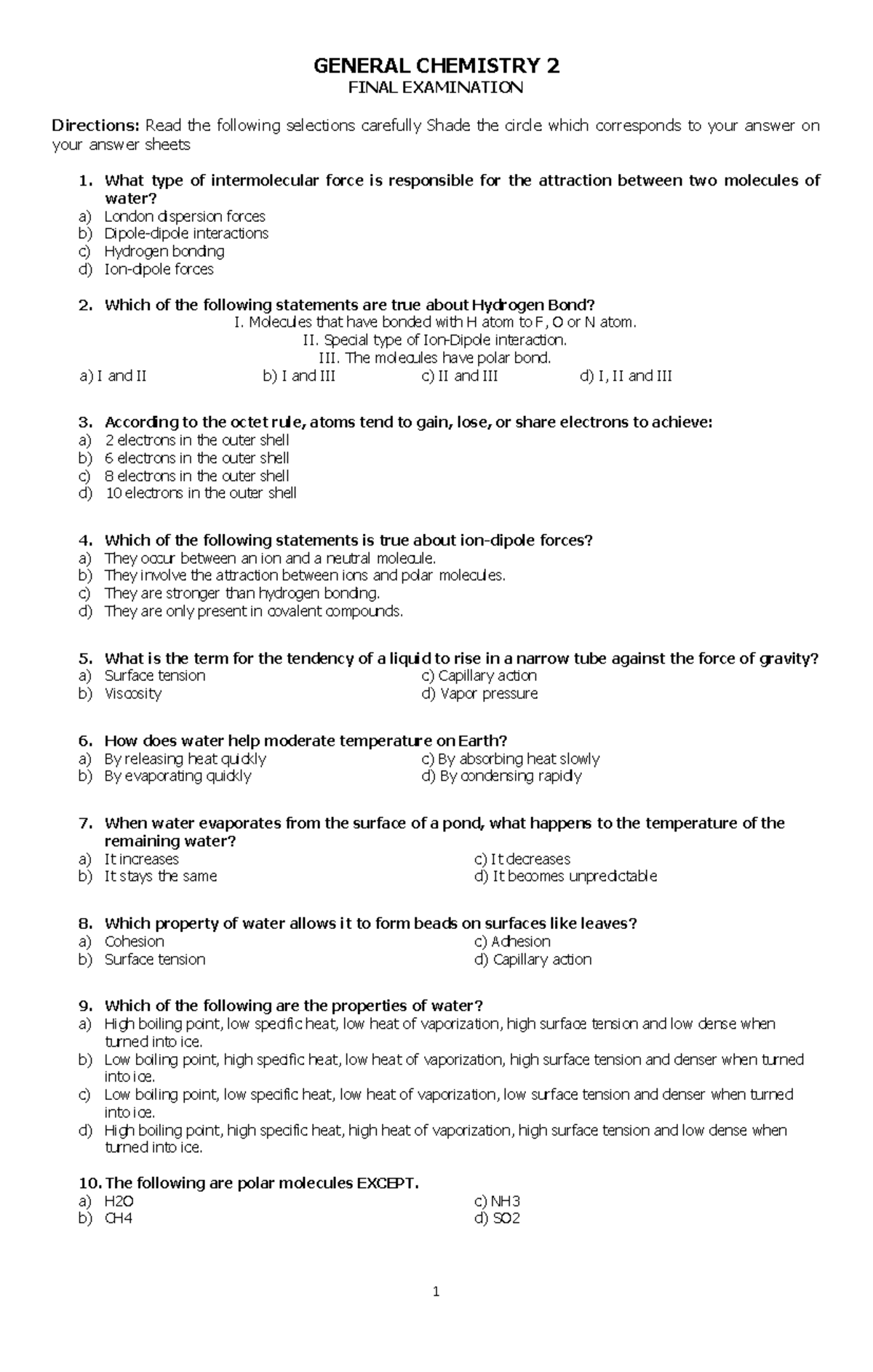 Final Examination Review for GEN CHEM 2: Key Concepts & Questions - Studocu