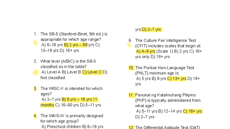 Test Assessment Table for Age Appropriateness and Classification - Studocu