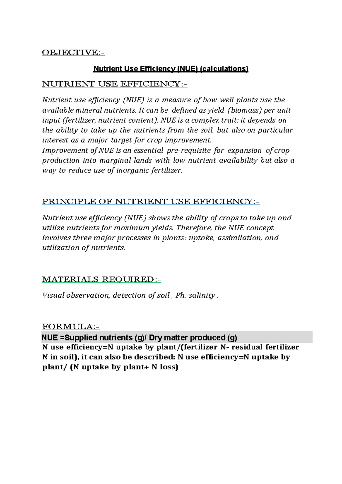 Nutrient Use Efficiency (NUE) Calculations for Crop Improvement - Studocu