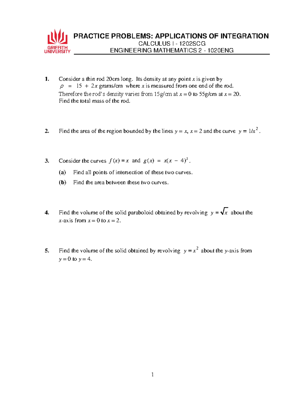 PRACTICE PROBLEMS: INTEGRATION APPLICATIONS CALCULUS I 1202SCG - Studocu