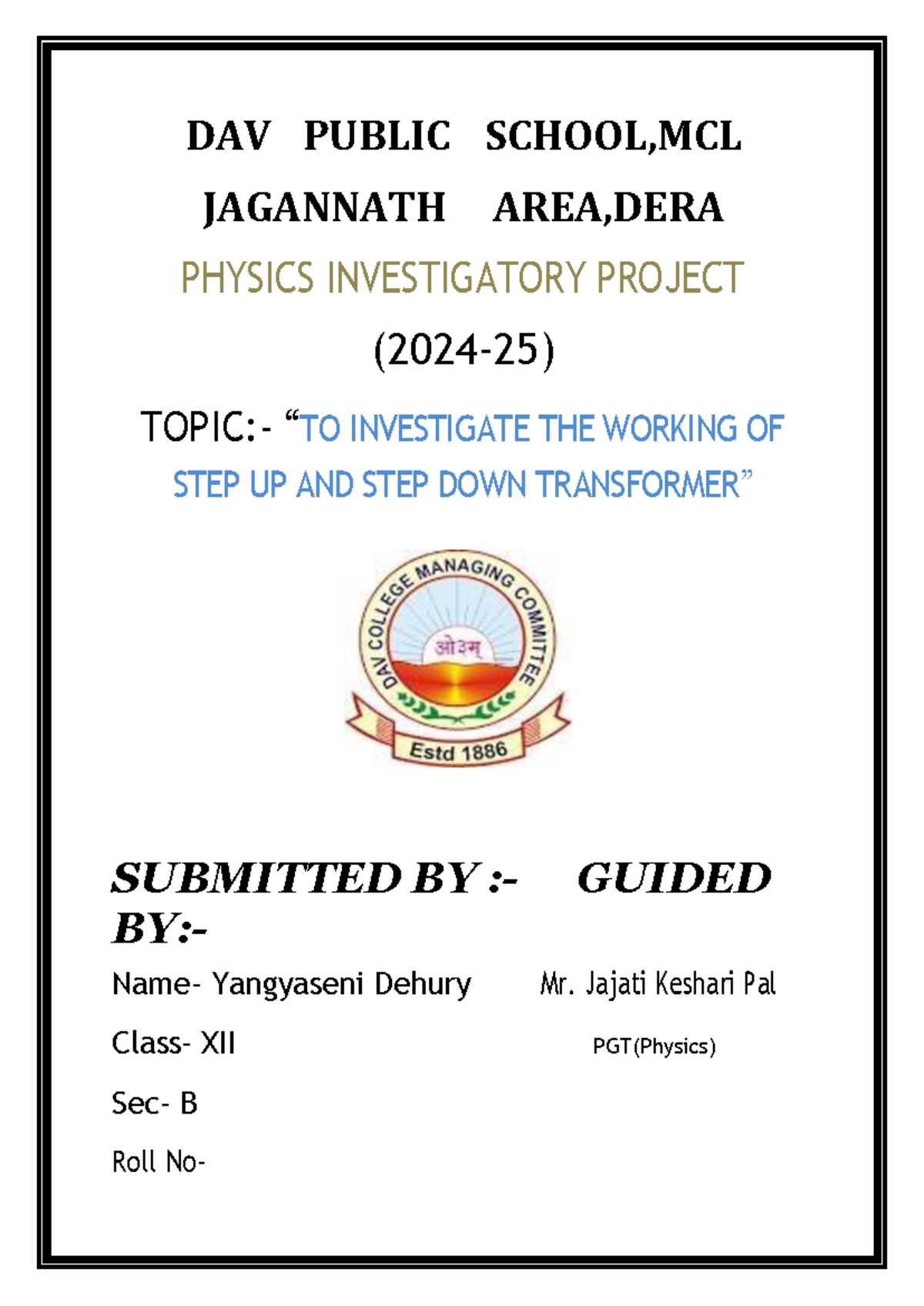 Physics Investigatory Project: Step Up & Step Down Transformers (Class ...