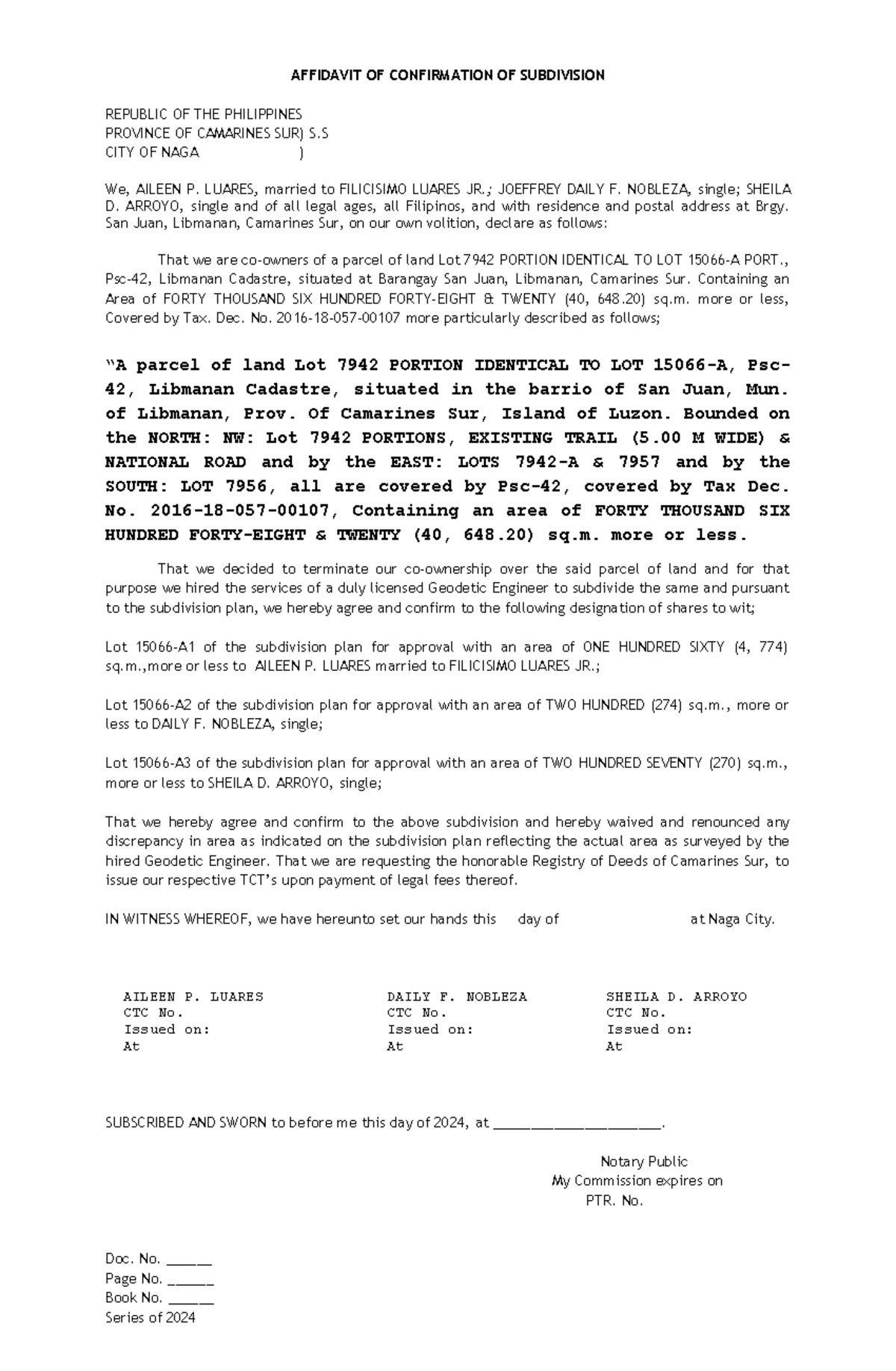 Affidavit of Confirmation of Subdivision - Camarines Sur Property ...