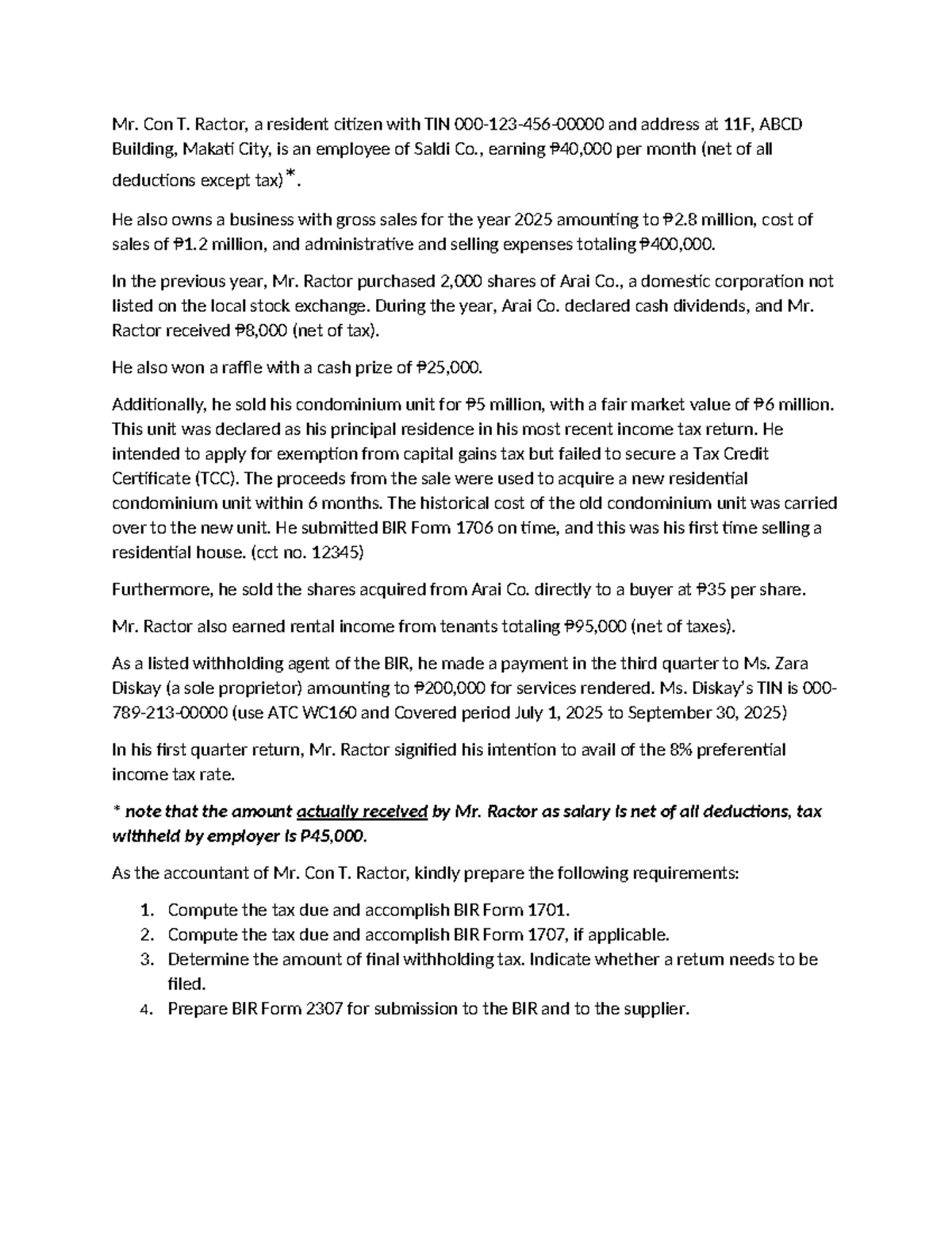 Tax Activity Guide for Mr. Con T. Ractor (BIR Forms 1701, 1707, 2307 ...