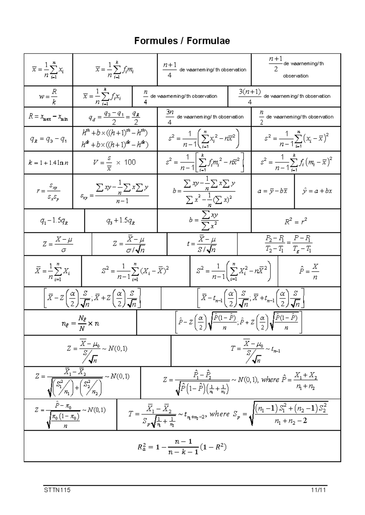 Formula Sheet - STTN115 11/ Formules / Formulae de waarneming/ th ...