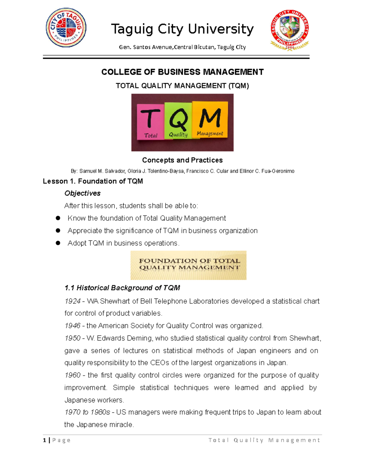 TQM 101 - Lesson 1: Foundations of Total Quality Management - Studocu