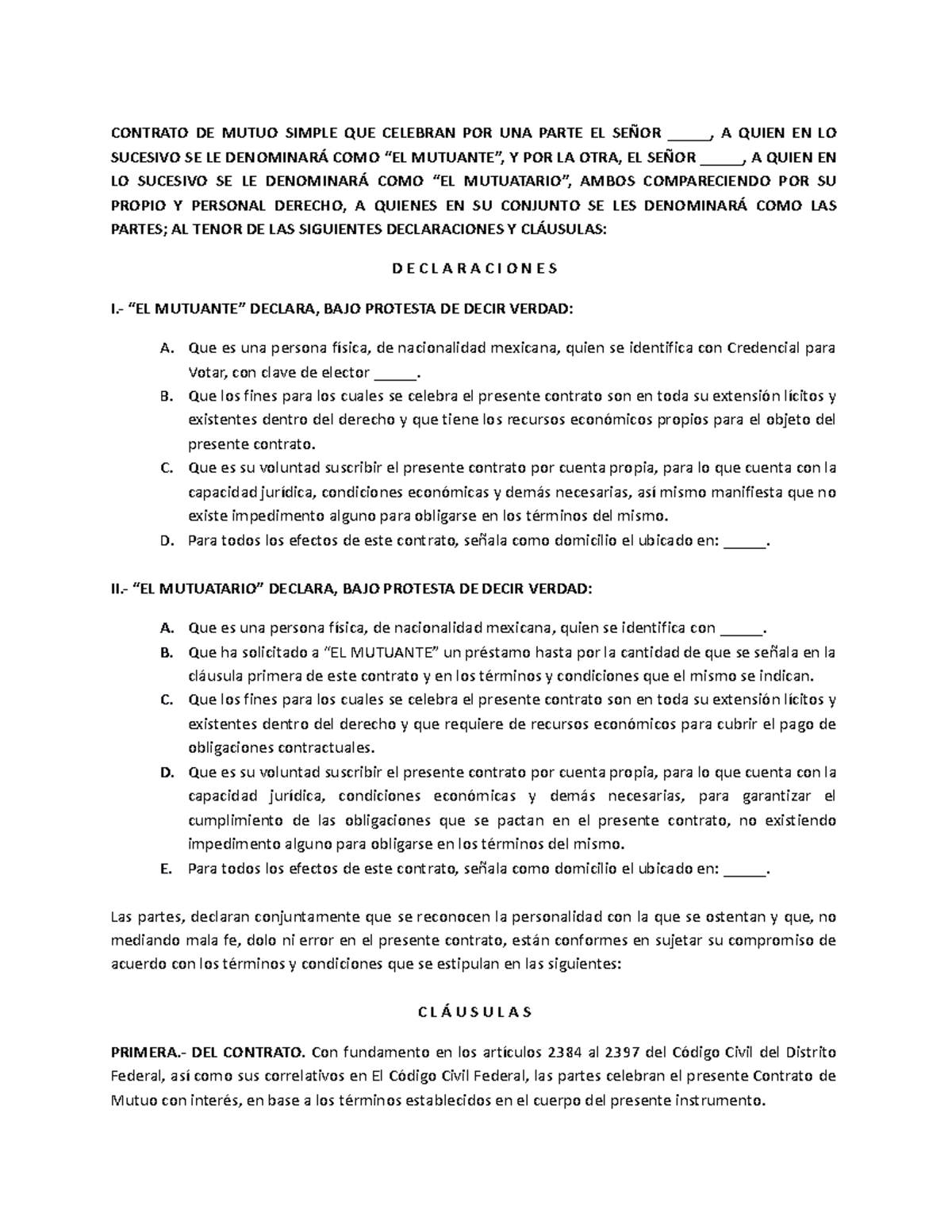 Contrato Mutuo Simple: Modelo Legal y Cláusulas Esenciales - Studocu