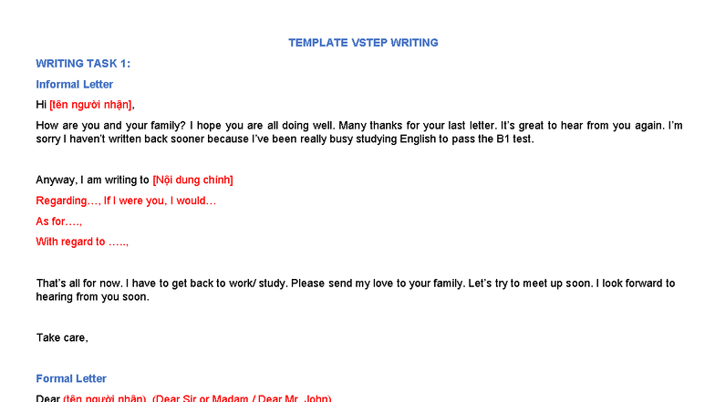 VSTEP WRITING TASK 1: Informal & Formal Letter Template - Studocu