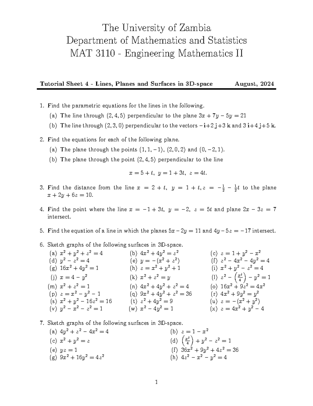 Mat 3110 Tutorial Sheet 4 2023 24 - The University of Zambia Department ...