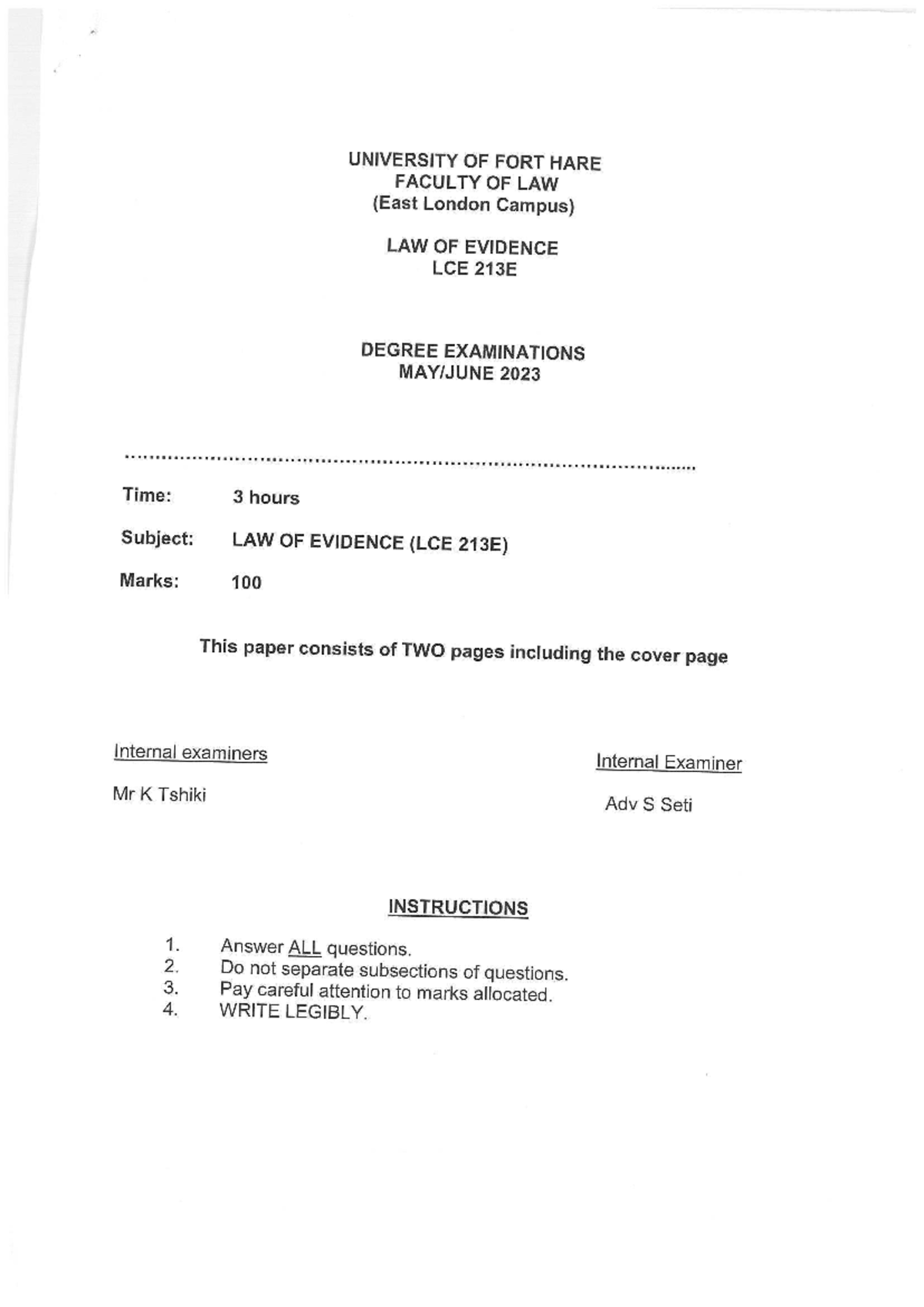 LCE 213E Law of Evidence Final Exam Guidelines 2023 - Studocu