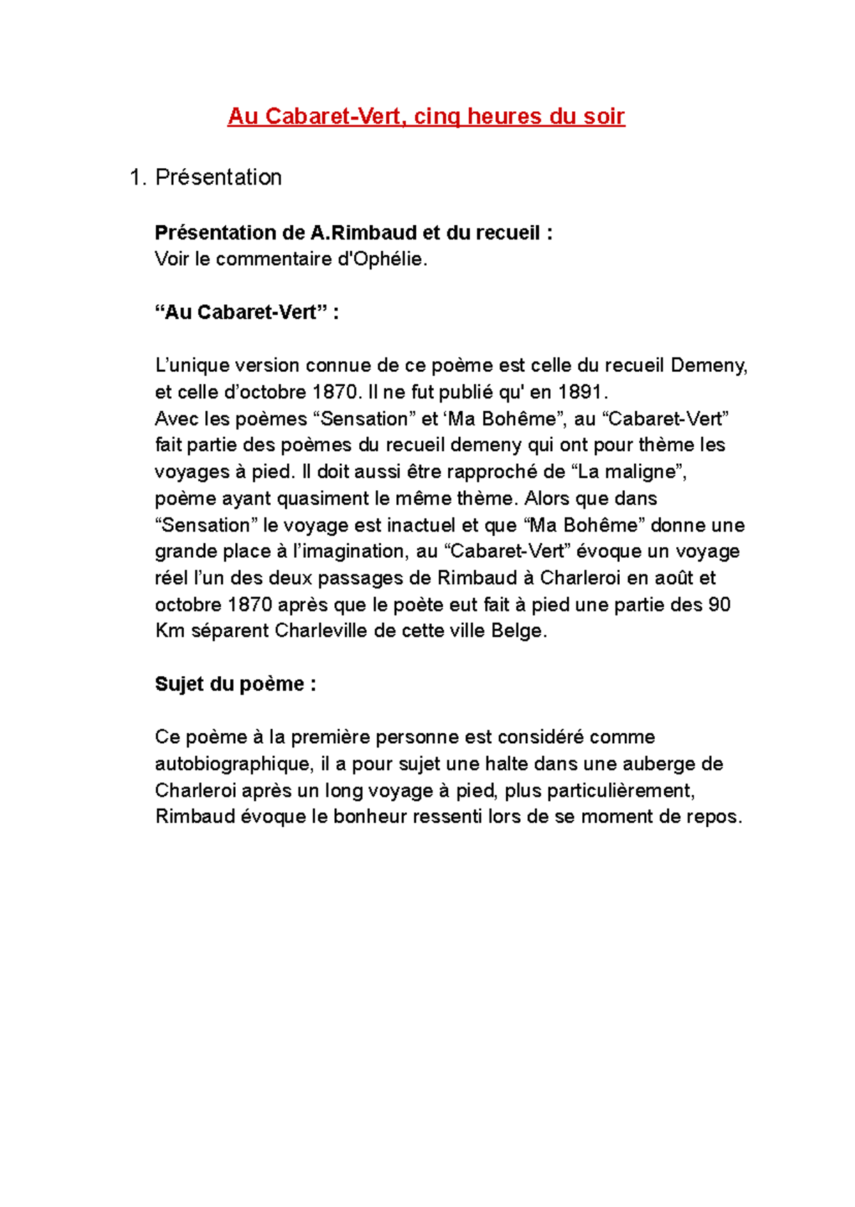 Analyse Littéraire de "Au Cabaret-Vert" - A. Rimbaud - Cahiers de Douai ...